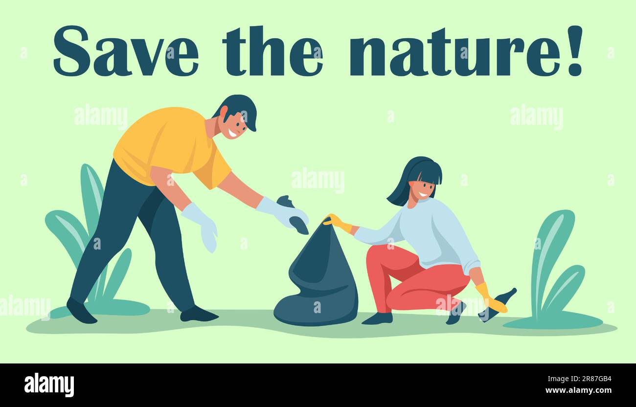 Save the nature. People collect trash. Man and woman garbage clean ...