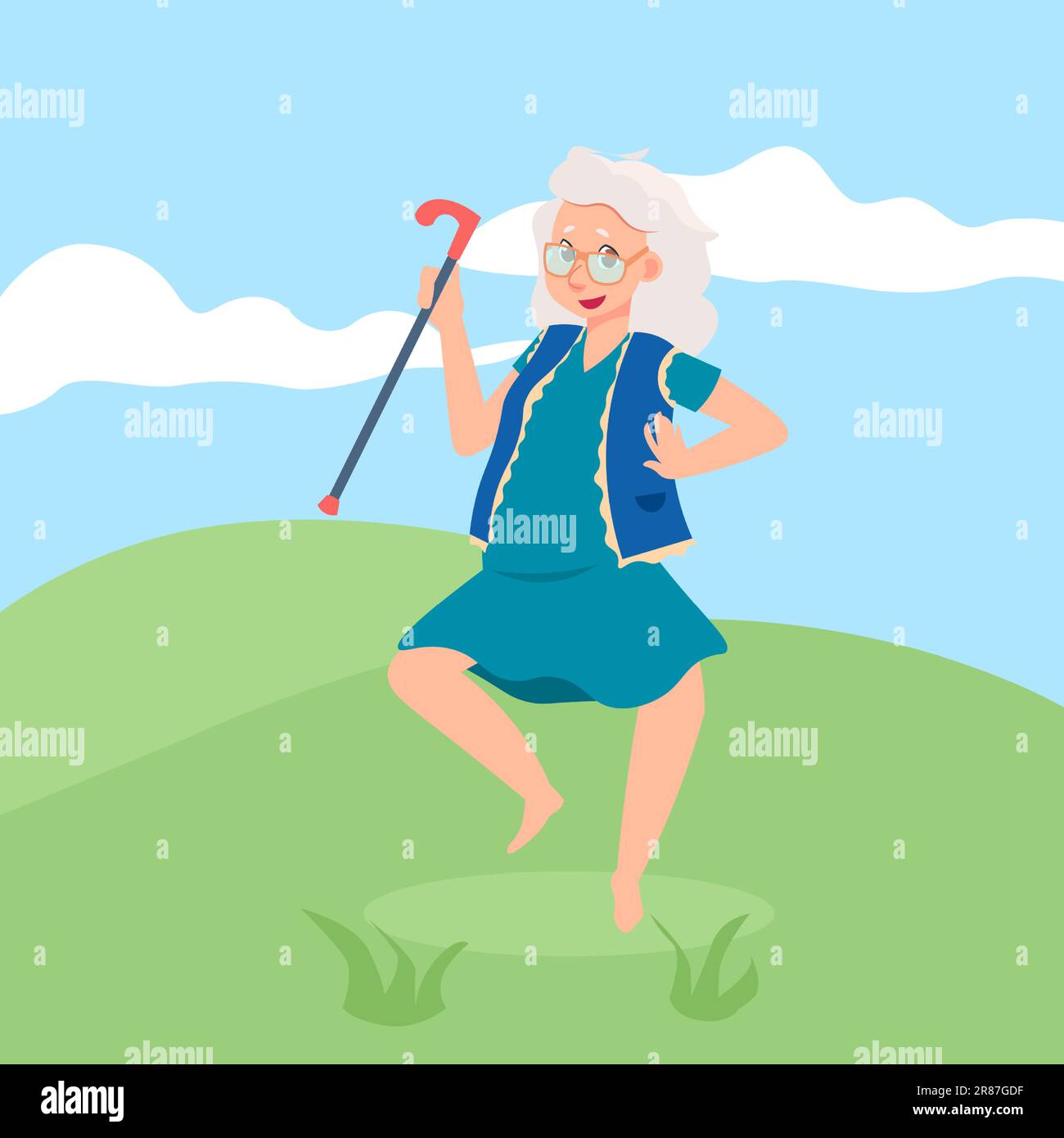 Funny happy senior female. Elderly woman walking in meadow. Cute ...