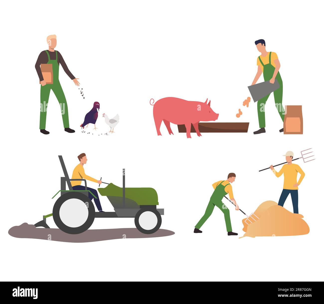 Set of farmers feeding animals and working in field Stock Vector Image ...