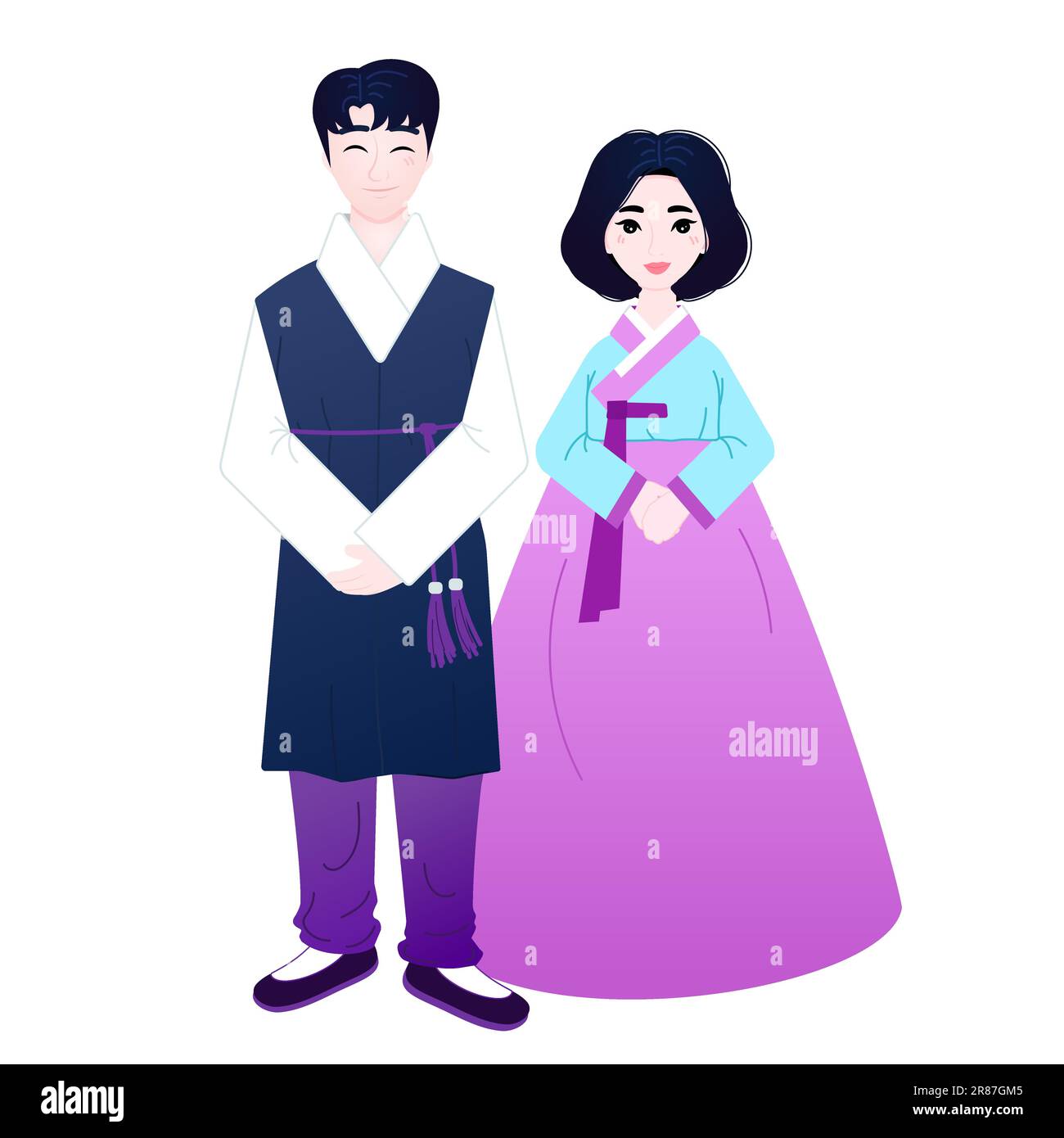 Korean couple in hanbok vector flat. Woman and man smiling in Korean ...