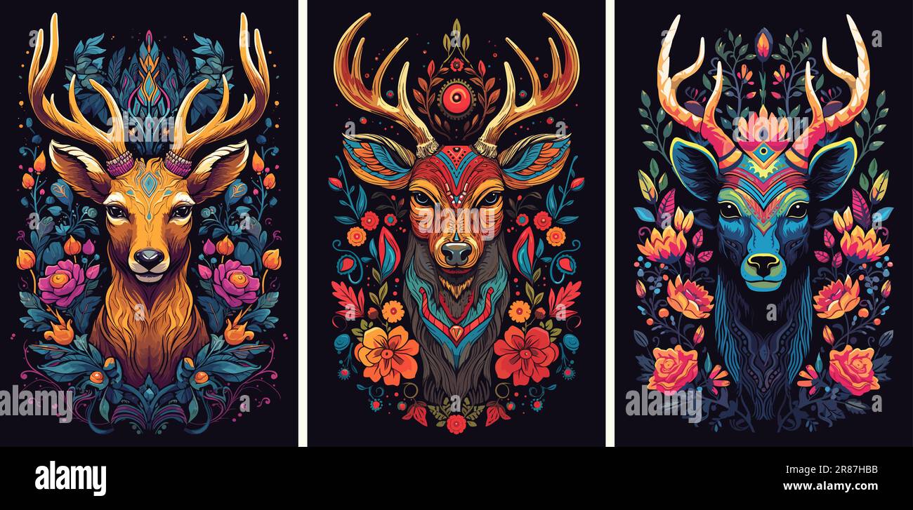 Beautiful deer with colorful flowers and decorative elements, vector ...