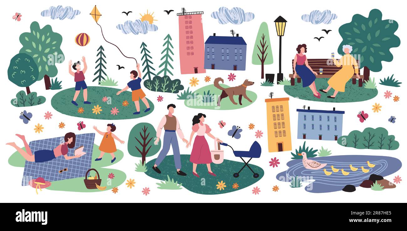 Family walk in park. Picnic on field. Kid with kite. Mom sitting on ...