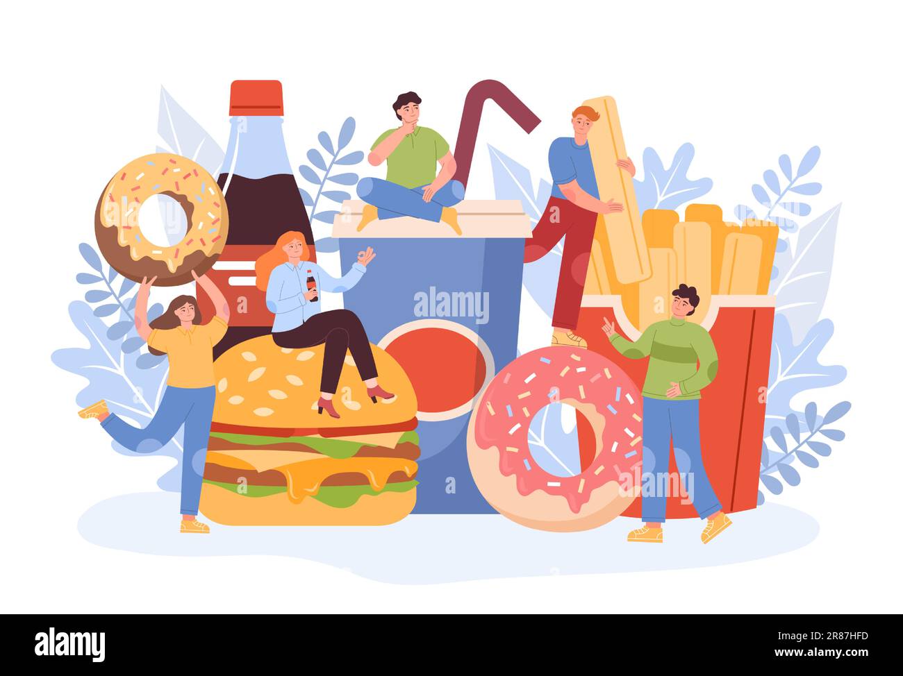 People and fast food, burger and french fries, cold soda beverage. Fat ...