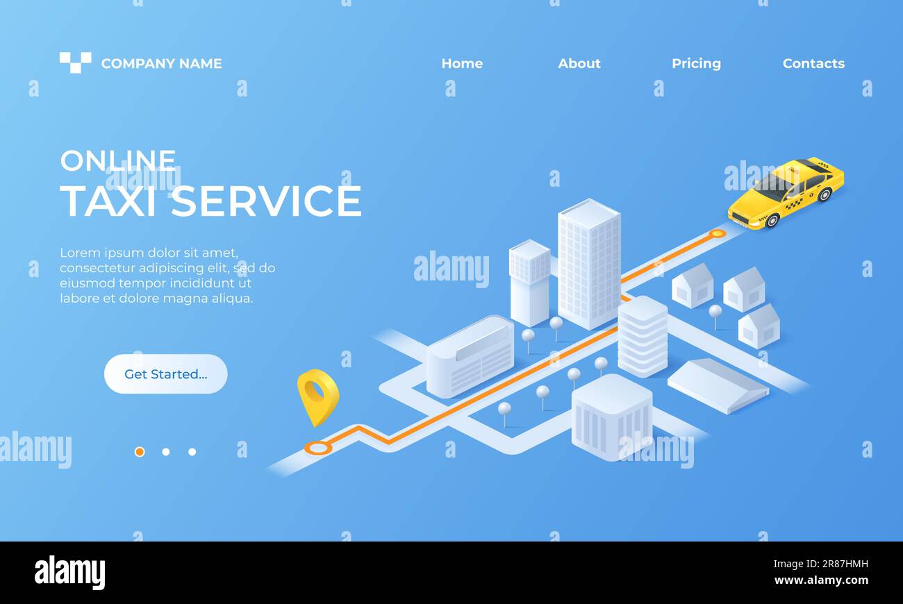 Isometric taxi landing page. Urban map in online service app. Car ...