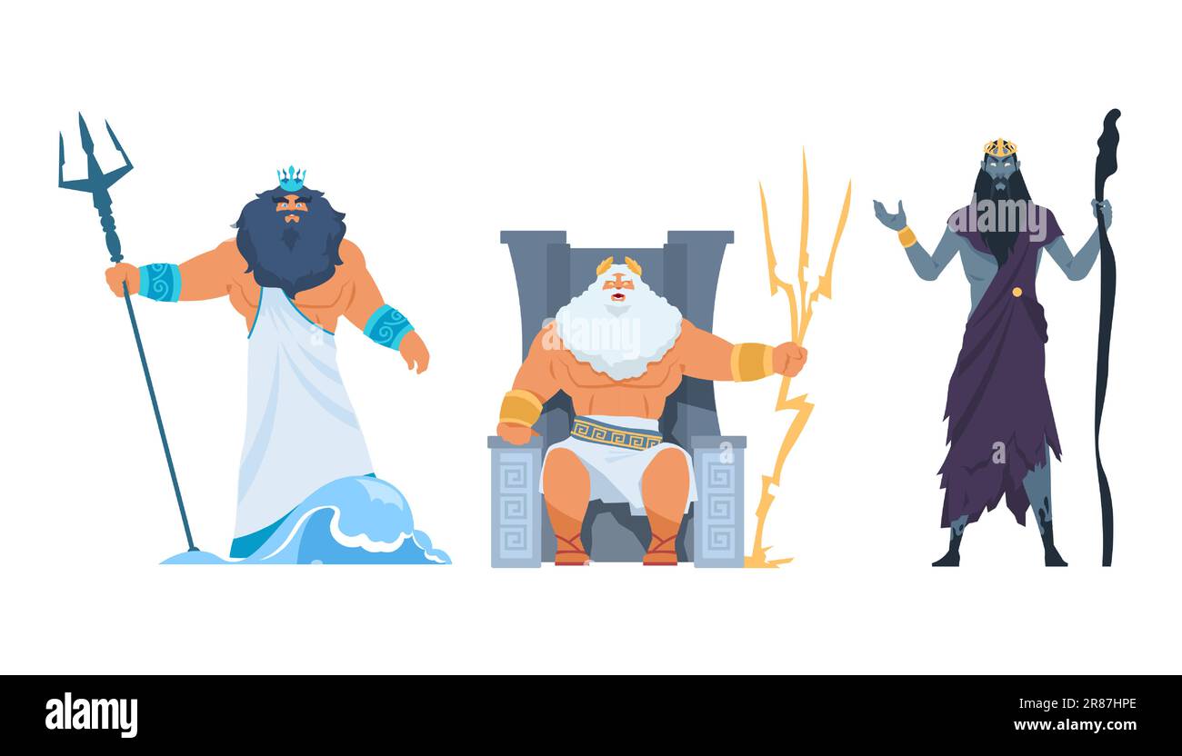 Cartoon Greek gods. Ancient mythological male characters. Zeus on ...