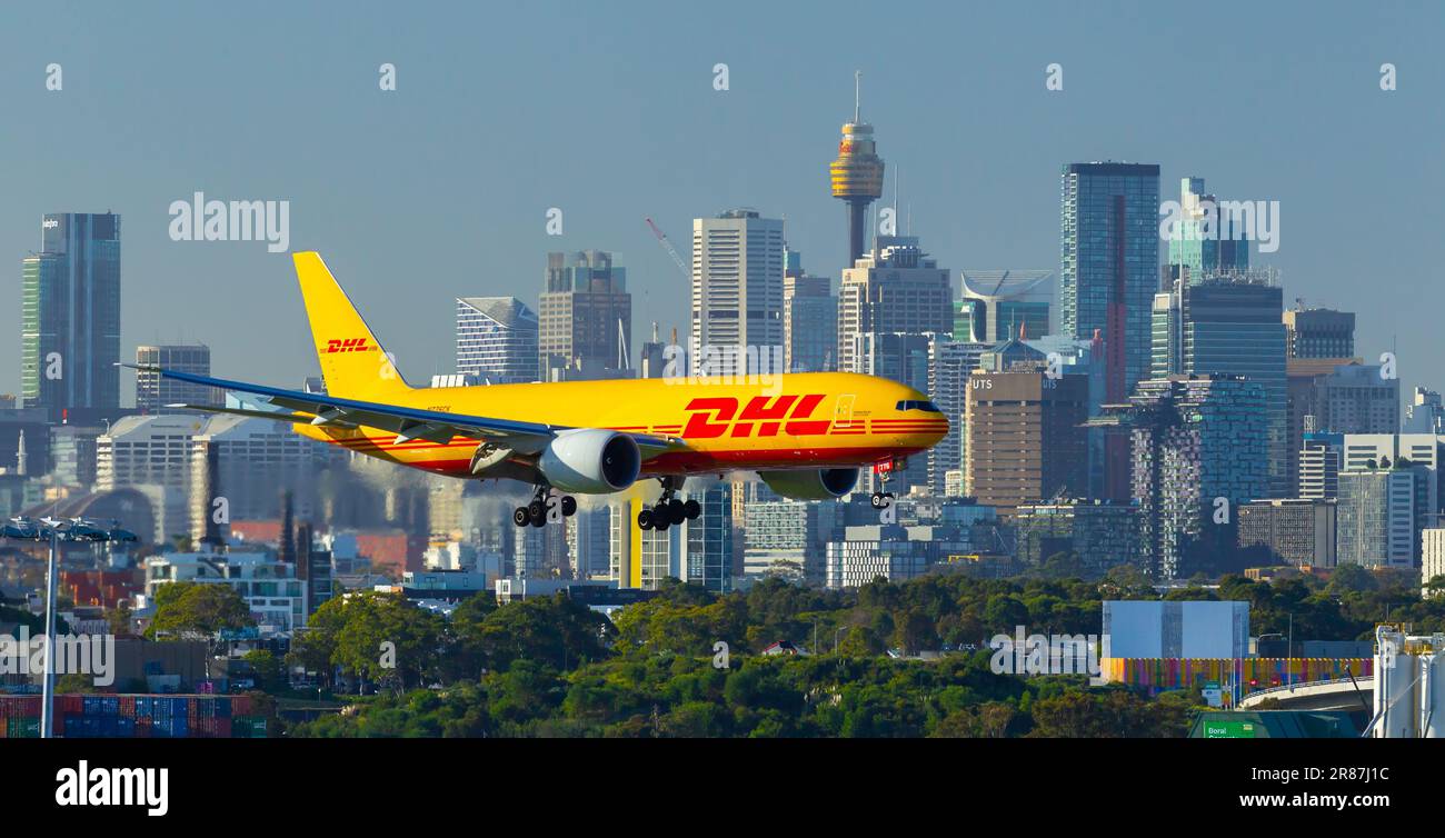 A DHL cargo jet landing at Sydney (Kingsford Smith) Airport in Sydney ...