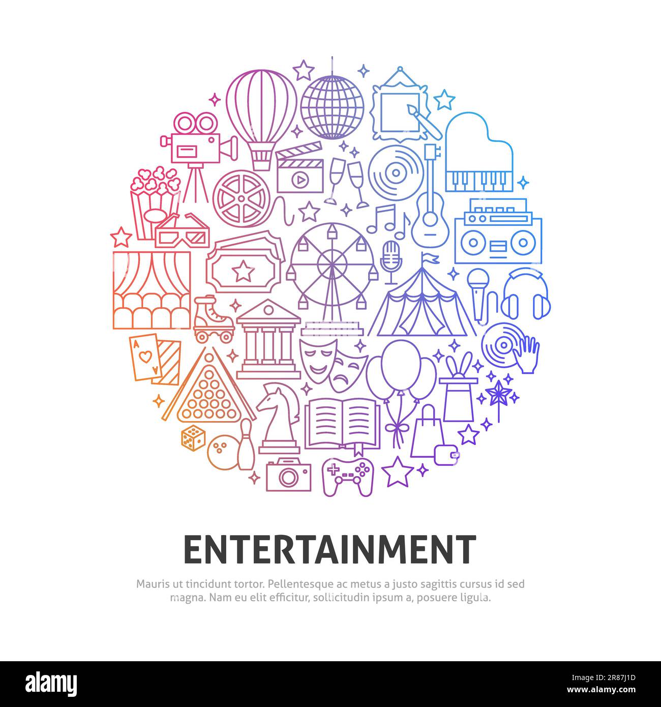 Entertainment Circle Concept. Vector Illustration of Outline Design ...