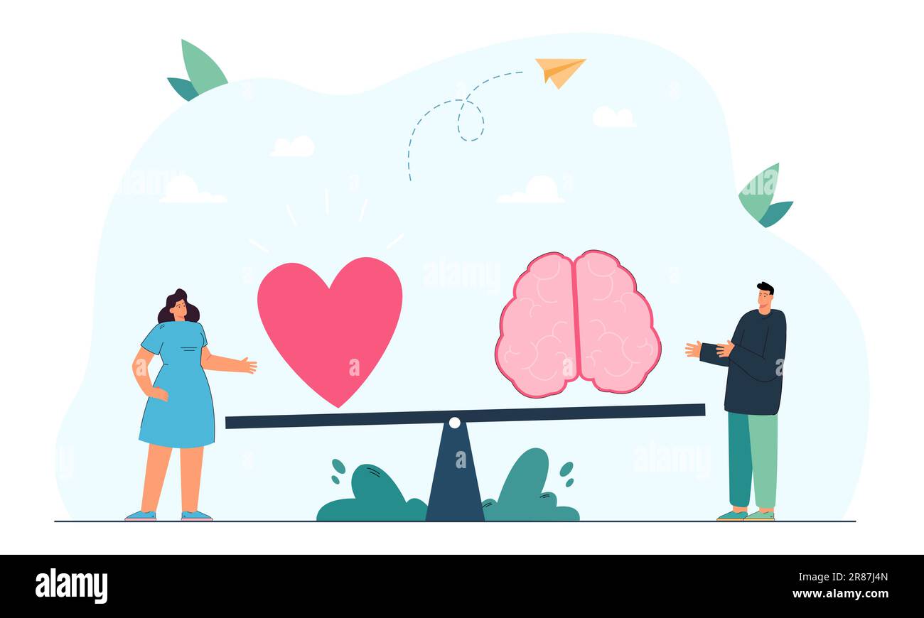 Tiny man and woman with brain and heart on scales or seesaw Stock ...