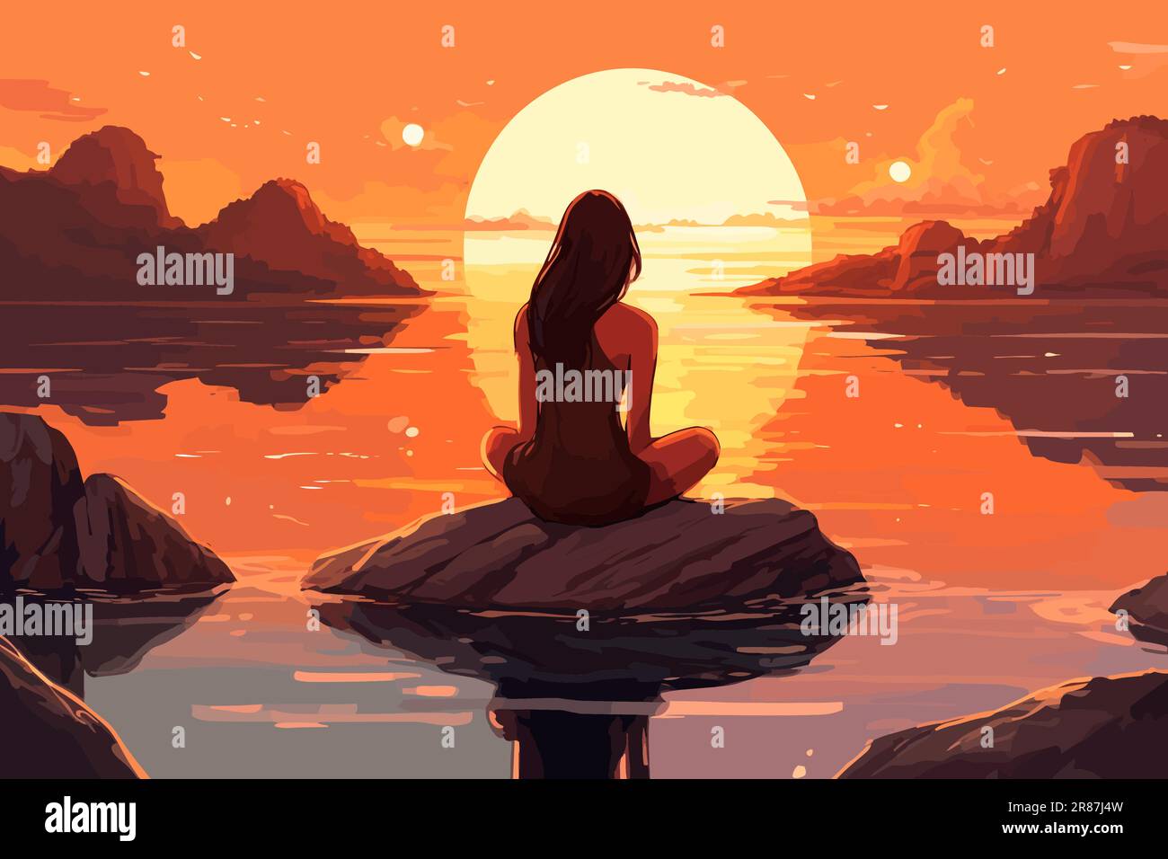 Young woman sitting on rocks, relaxing and enjoying the romantic sunset ...