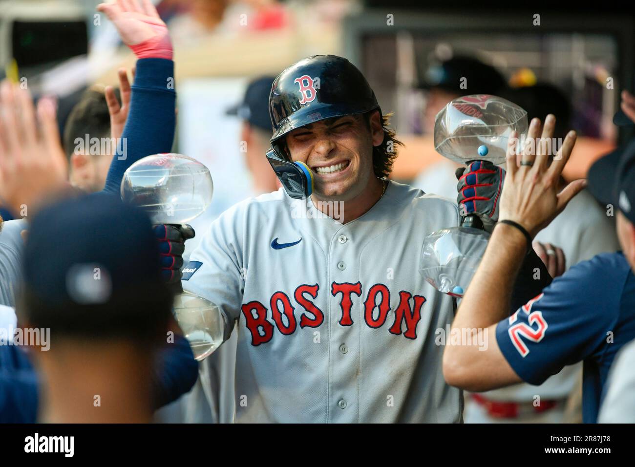 Boston Red Sox's Triston Casas celebrates in the dugout after hitting a ... Boston Red Sox's Triston Casas celebrates in the dugout after hitting a ...