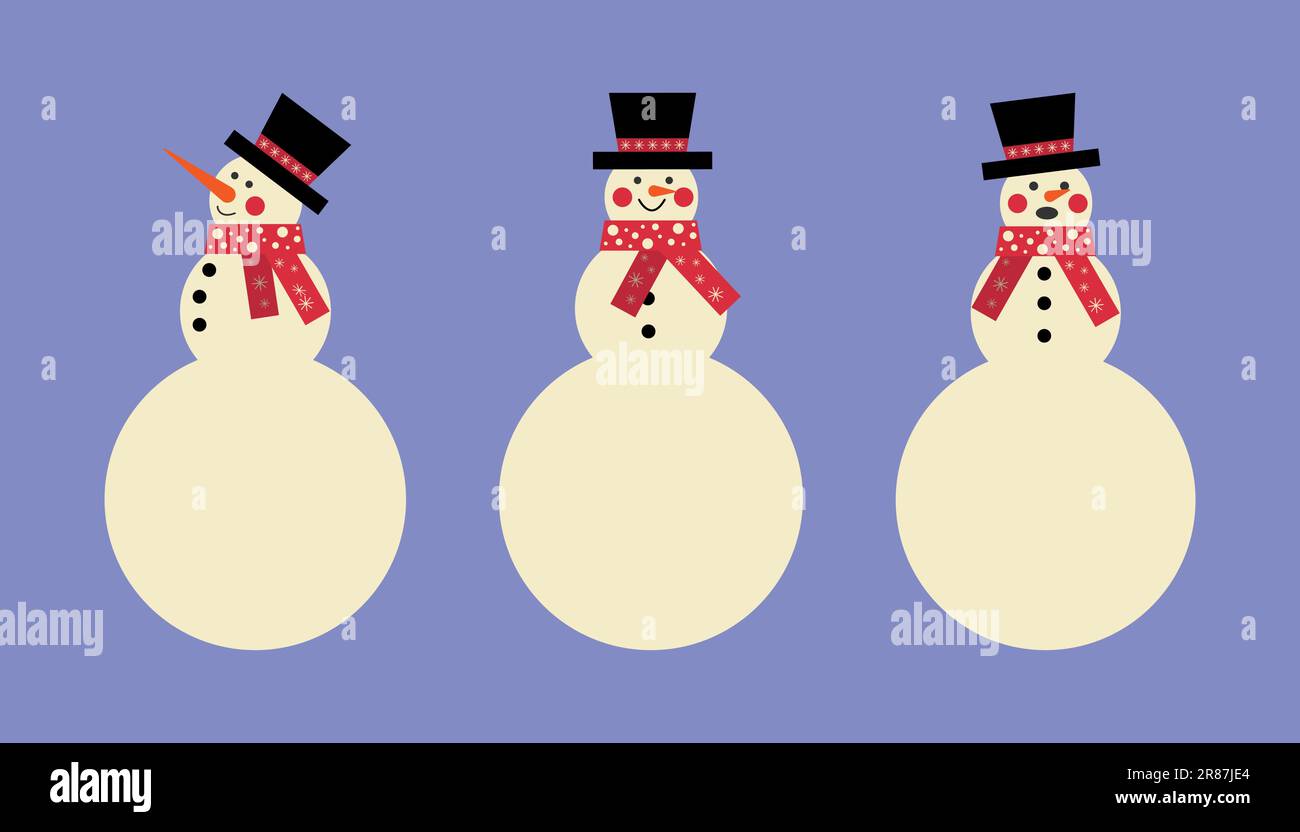 Vector set of three Christmas snowmen isolated on a blue background ...