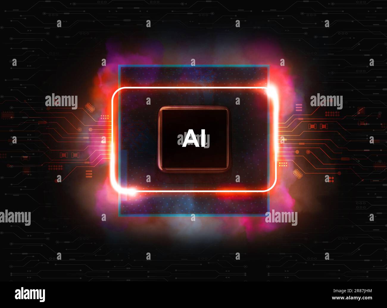 AI artificial intelligence concept. CPU chip with neon lights on circuit board background ...
