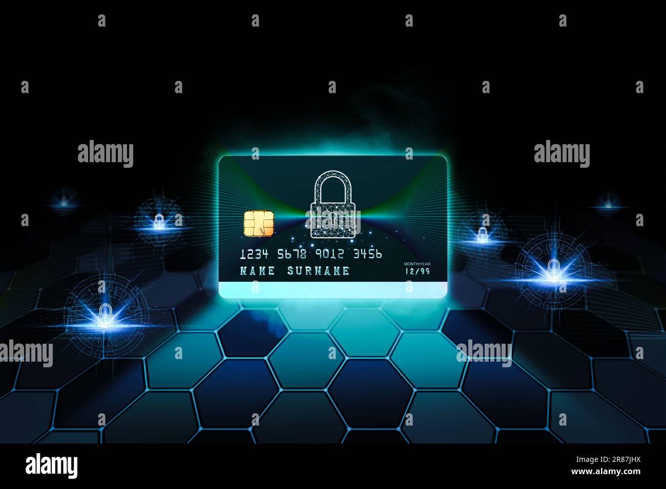 Cyber security concept. Credit card with padlock on hexagonal ...