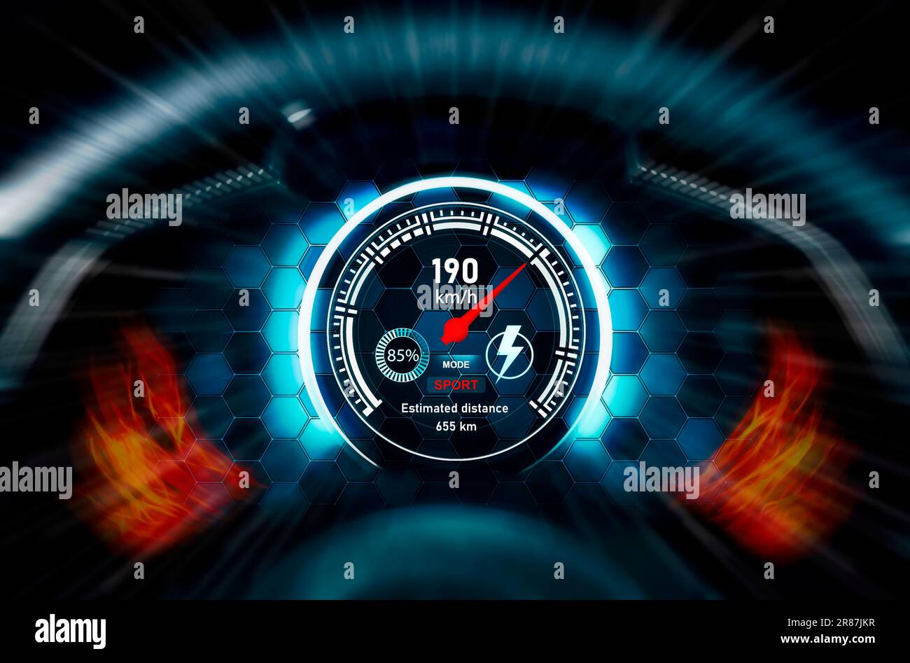 The EV electric vehicle digital speedometer indicates the car high ...