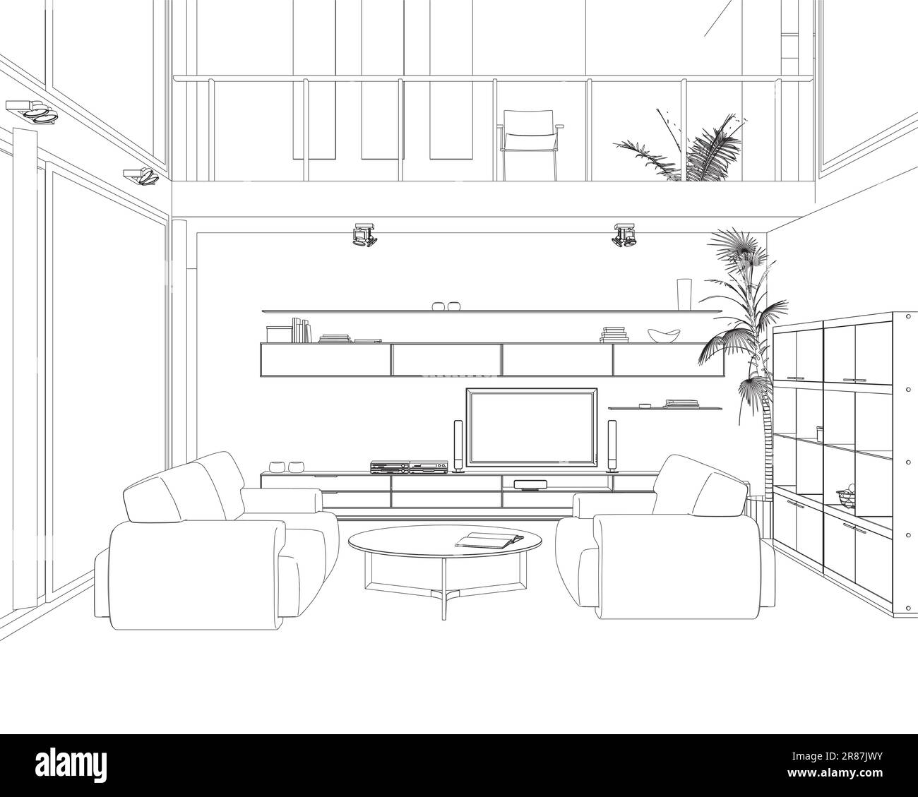 Interior design with modern living room in black line on white ...