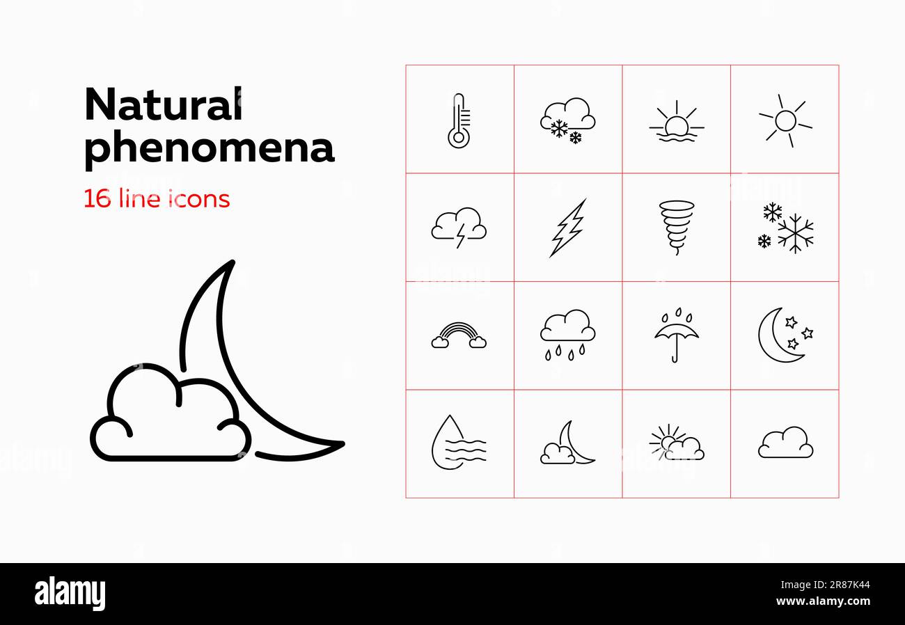 Natural phenomena icons. Set of line icons on white background ...