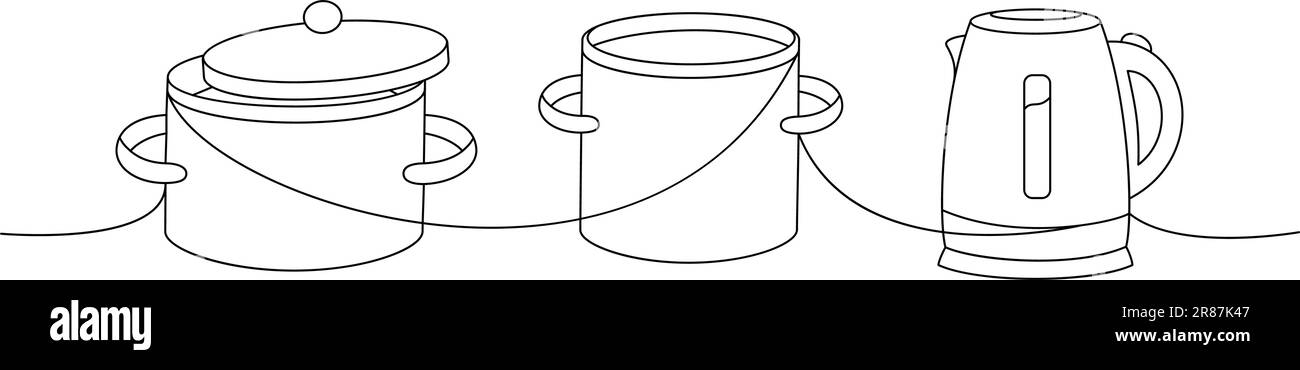 Kitchen utensils one line continuous drawing. Pot with lid, saucepan ...