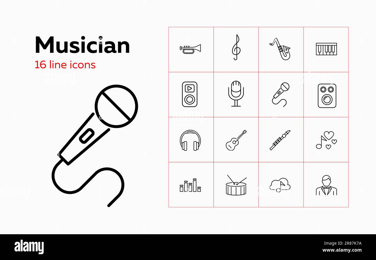 Musician icons. Set of line icons. Microphone, loudspeaker, flute ...