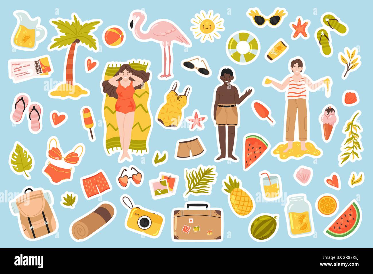 Summer holidays stickers set vector illustration. Cartoon isolated cute ...