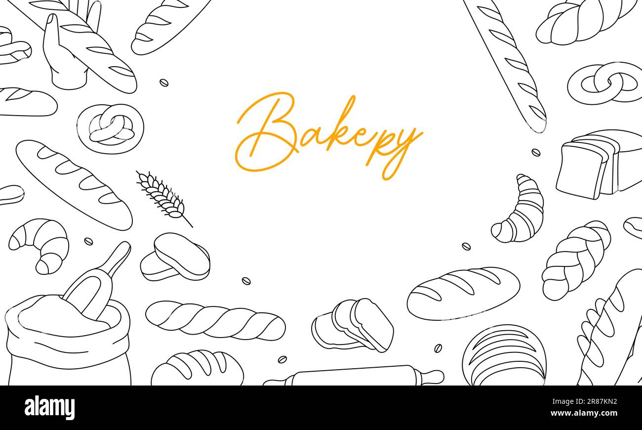 Bakery products horizontal outline banner. Breads and pastry menu ...
