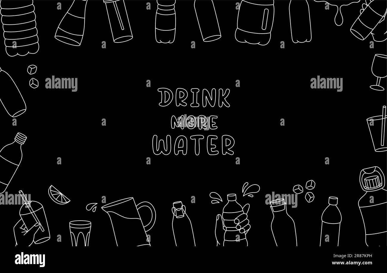 Water bottles horizontal outline banner. Plastic bottles line ...