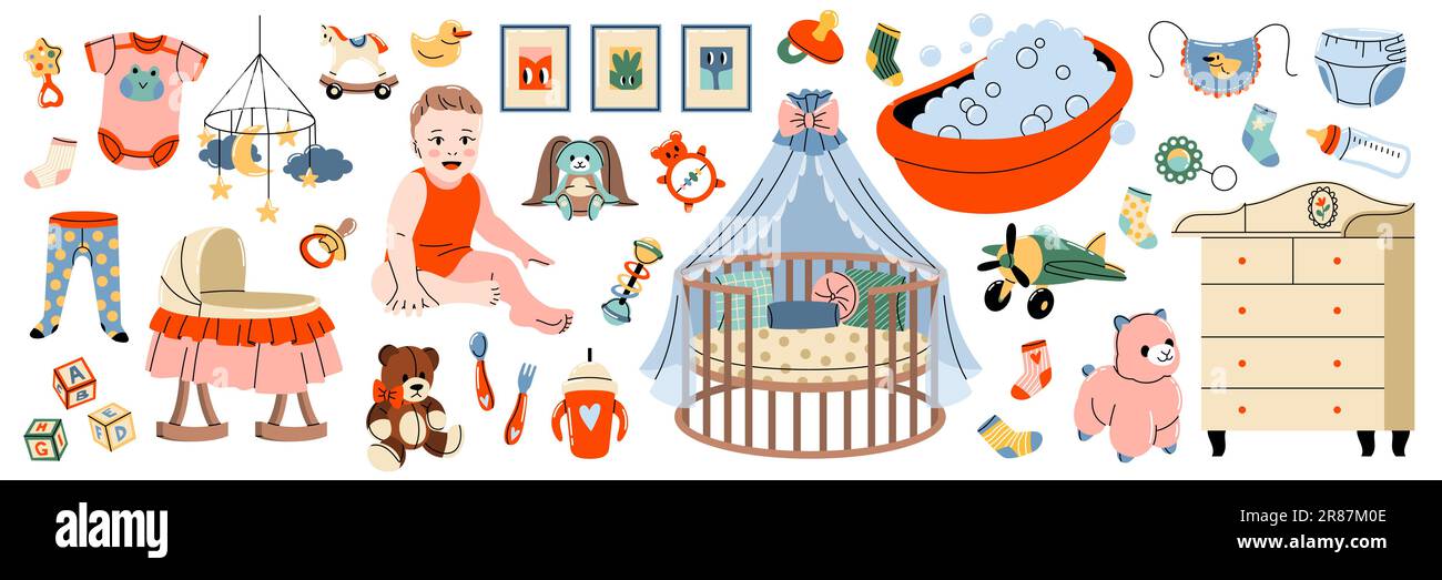 Baby accessories. Different nursery objects, cute newborn with toys ...