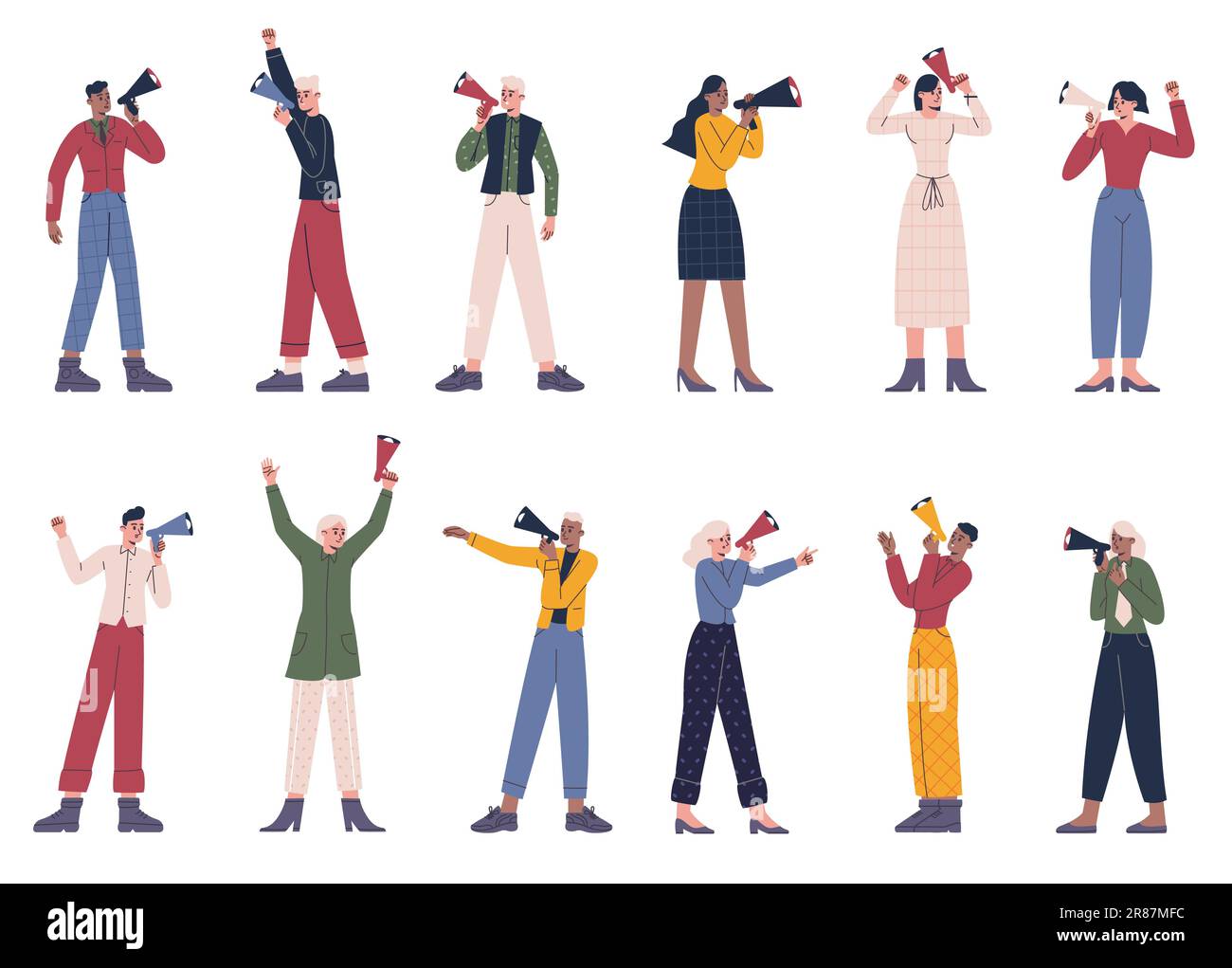 Cartoon agitators. People with megaphones. Men and women broadcast in ...