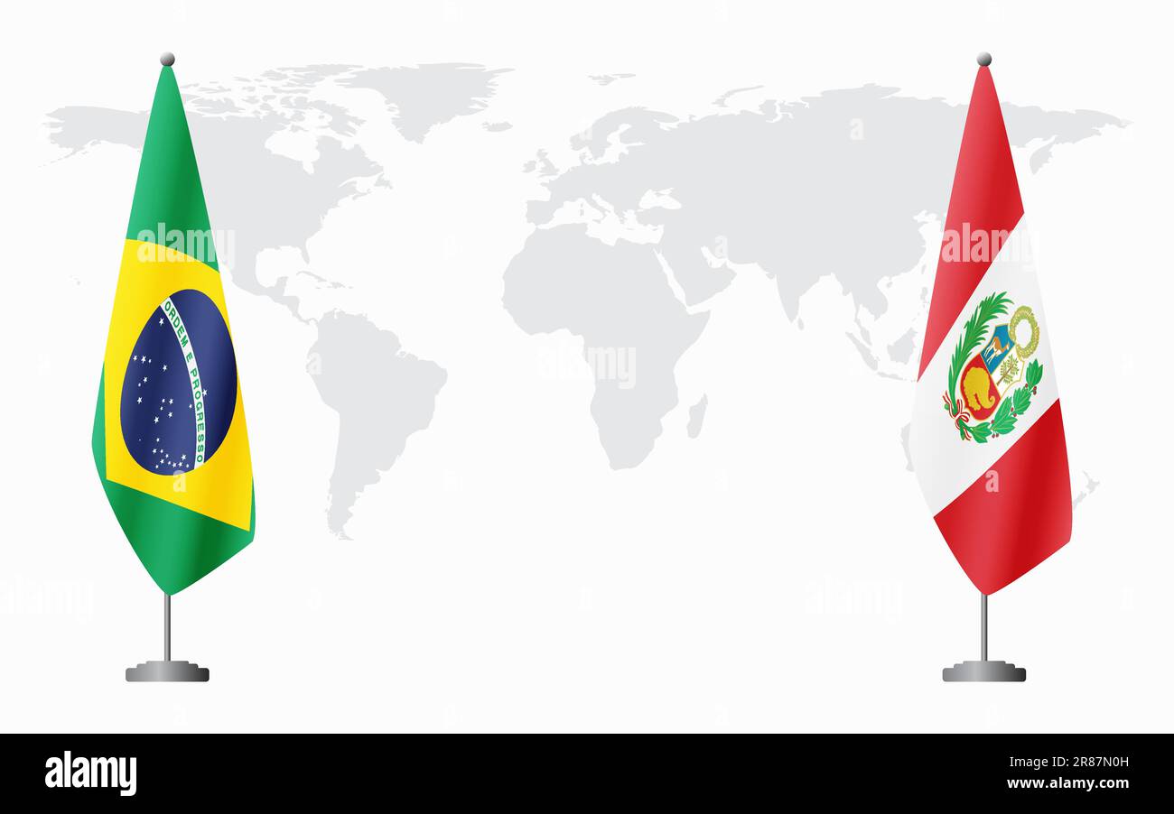 Brazil and Peru flags for official meeting against background of world ...