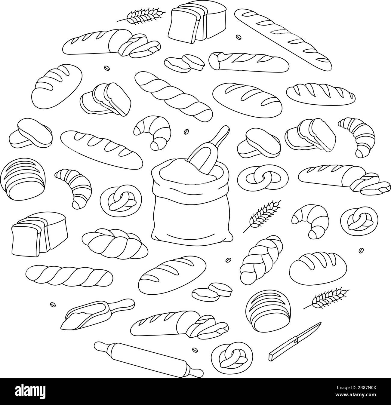 Bakery products in circle design. Bakery menu design. Wheat bread ...