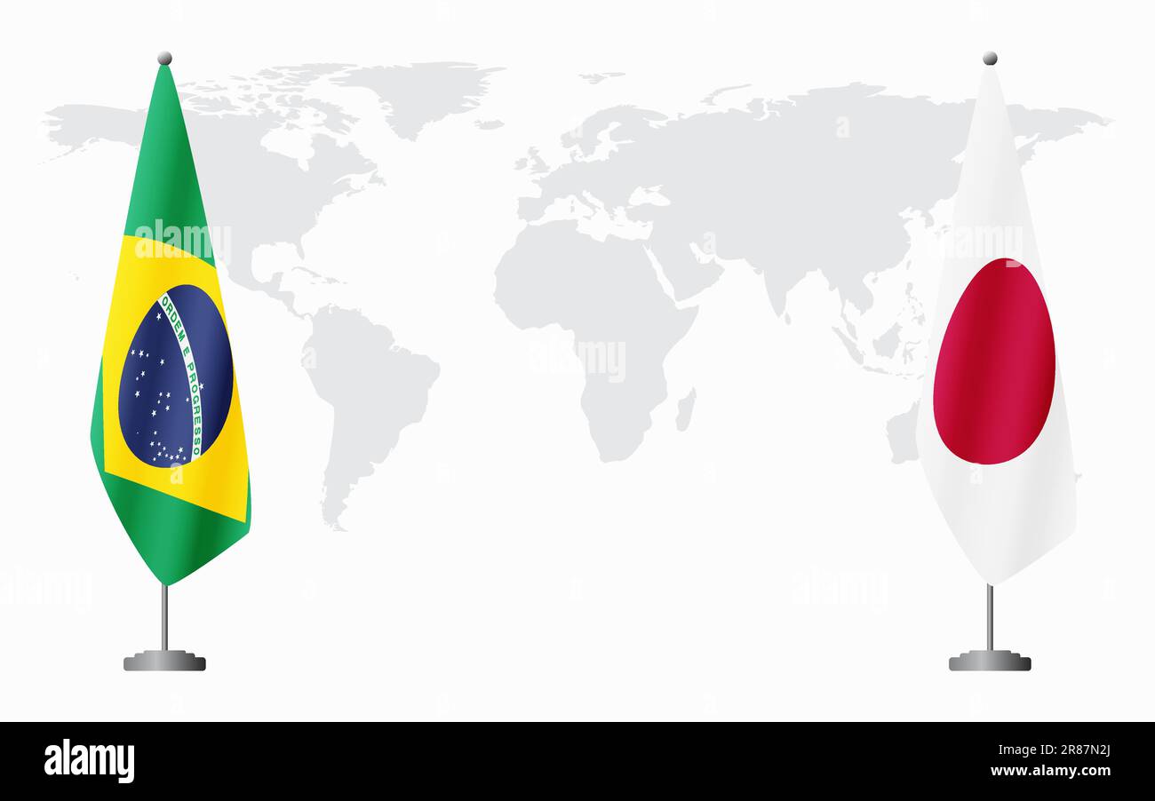 Brazil and Japan flags for official meeting against background of world ...