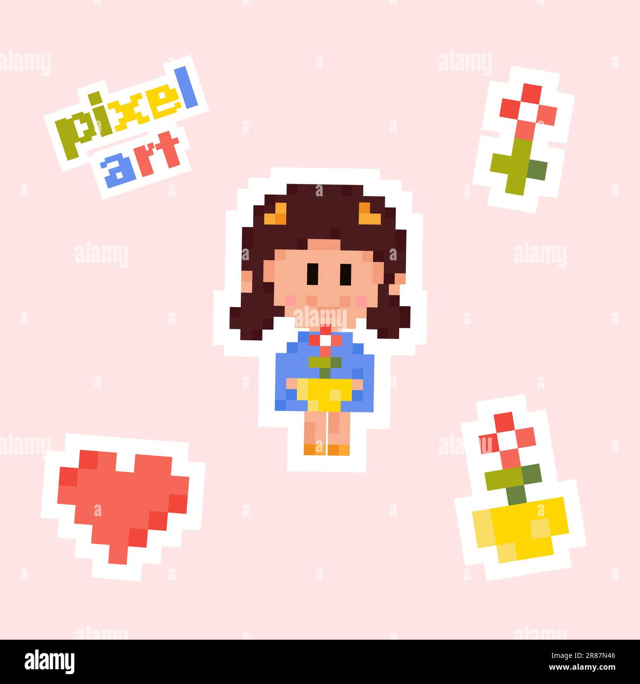 Stickers in stuyle pixel art. Girl with flower, heart. Vector ...