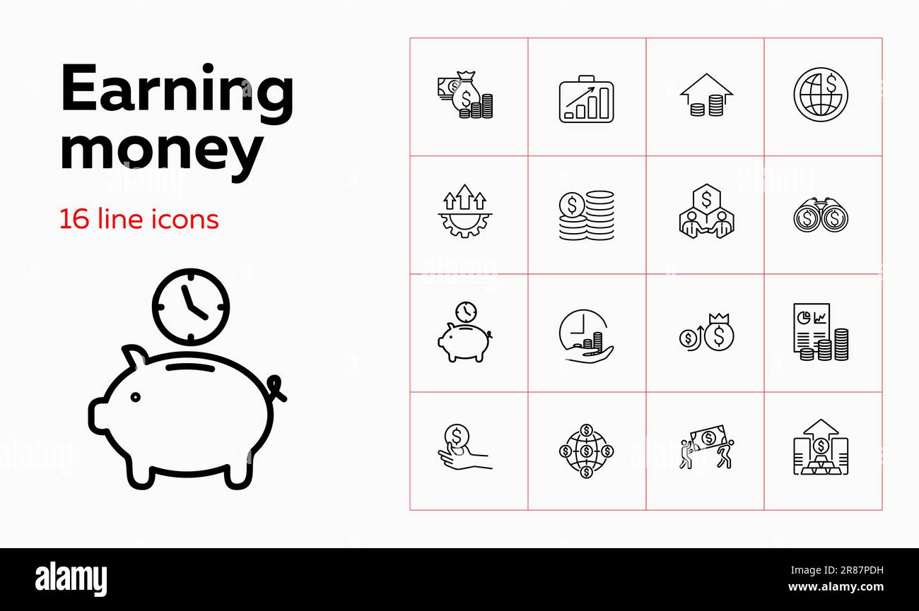 Earning money icons. Set of line icons. Cost, economy, profit ...