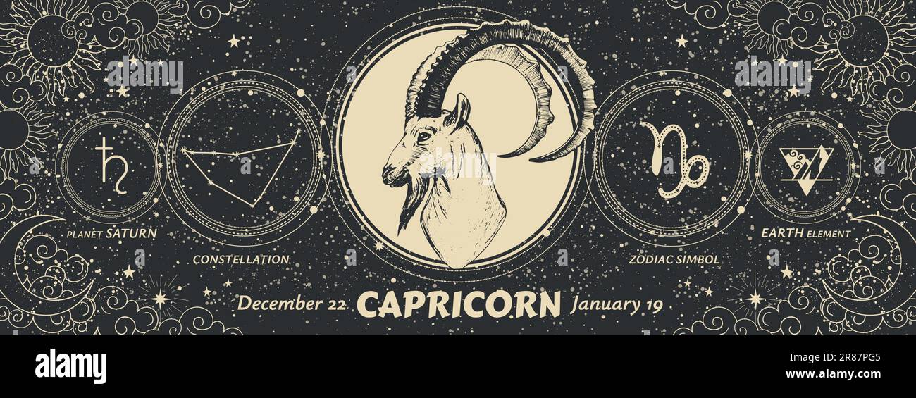 Capricorn zodiac sign, modern astrology banner with symbols, hand drawn ...