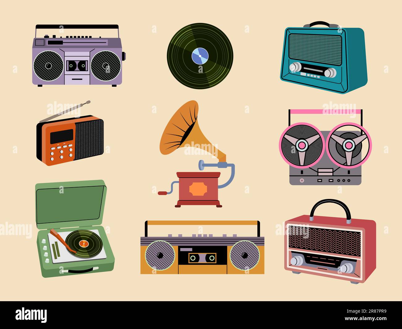 Music players. Vintage stylized illustrations of music record devices ...