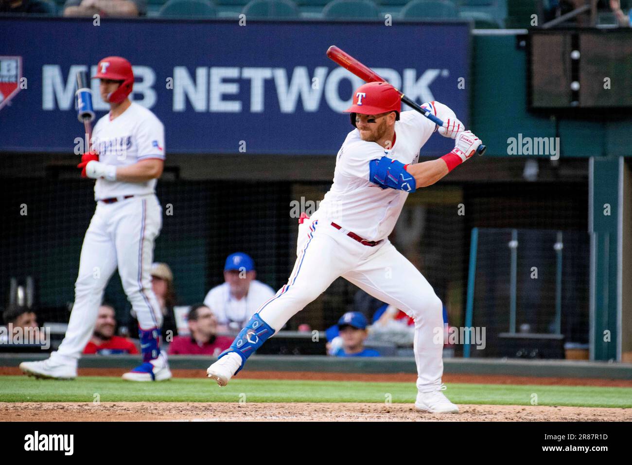 Texas Rangers catcher Mitch Garver (18) prepares to swing at a pitch in ...