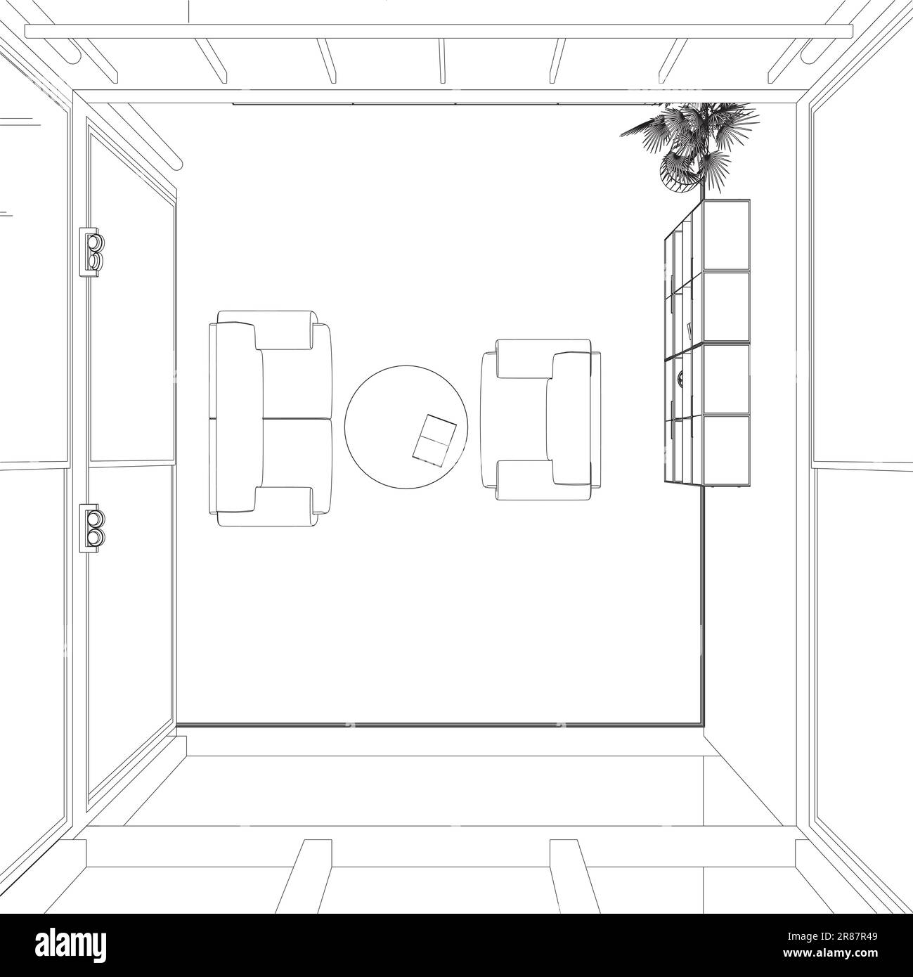 Interior design with modern living room in black line on white ...