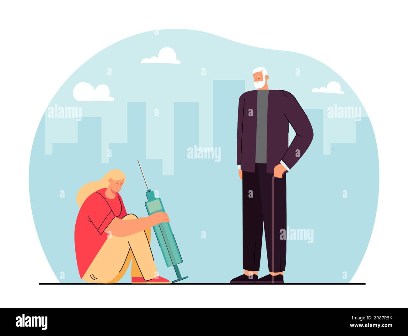 Old father standing near drug addict daughter with syringe Stock Vector ...