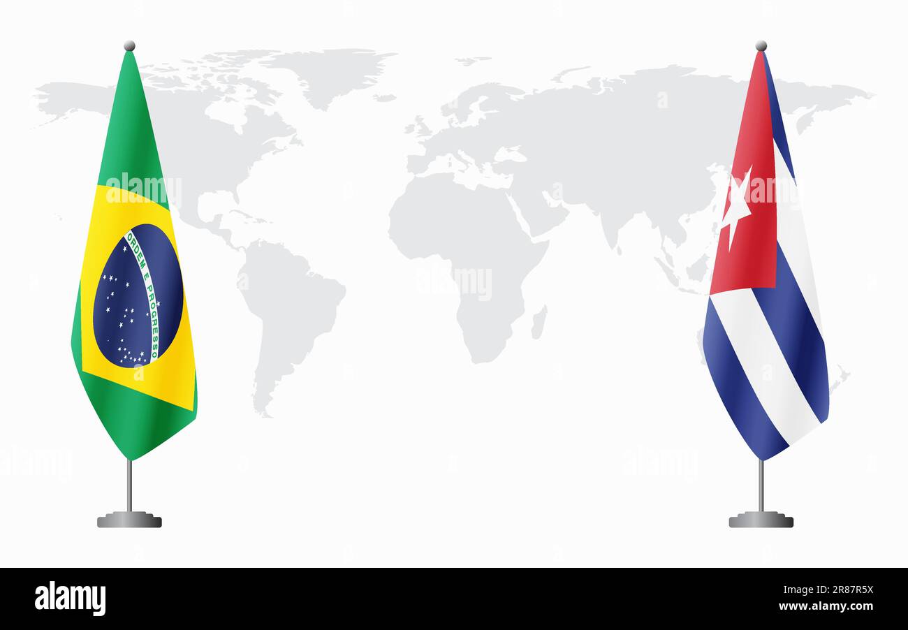 Brazil and Cuba flags for official meeting against background of world ...