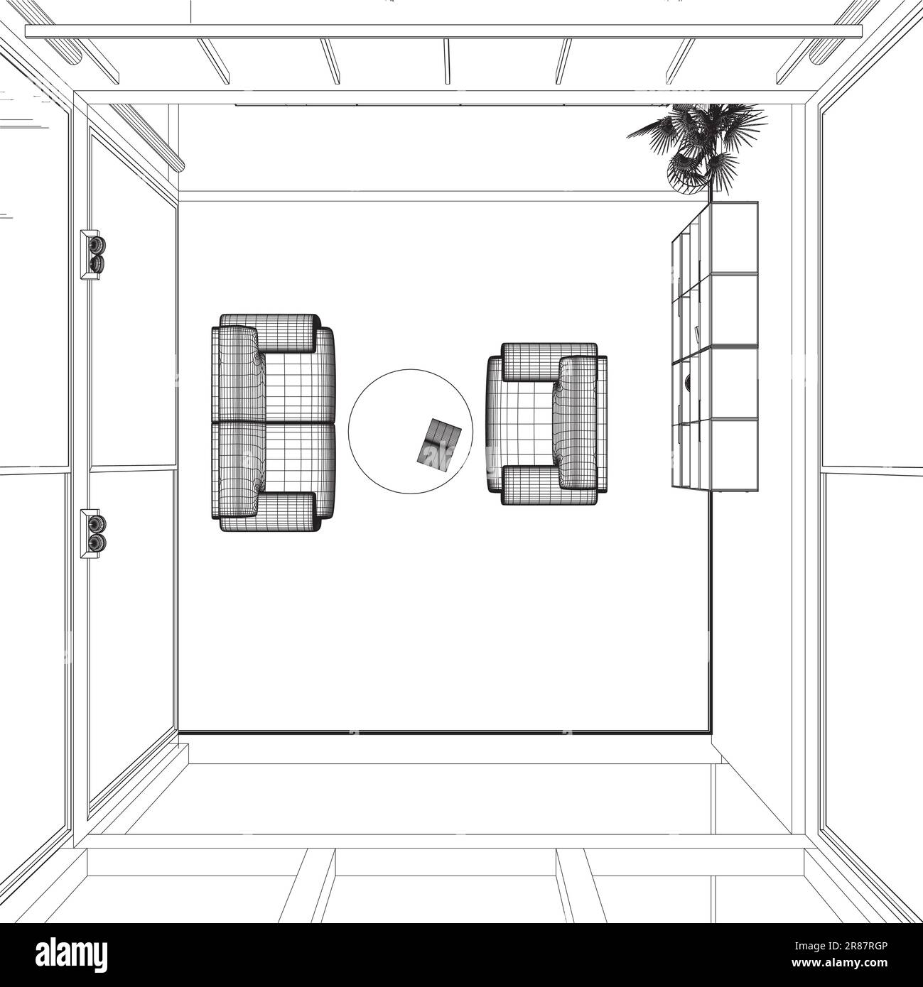 Interior design modern living room in black line on white background ...