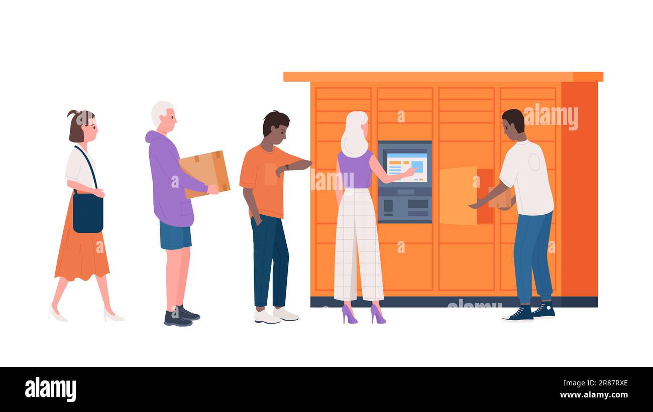 Cartoon people standing in line at postal automat locker, customers ...