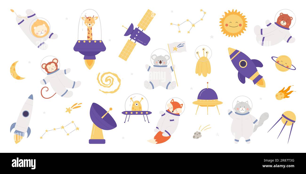Cute space adventure set vector illustration. Cartoon isolated funny ...