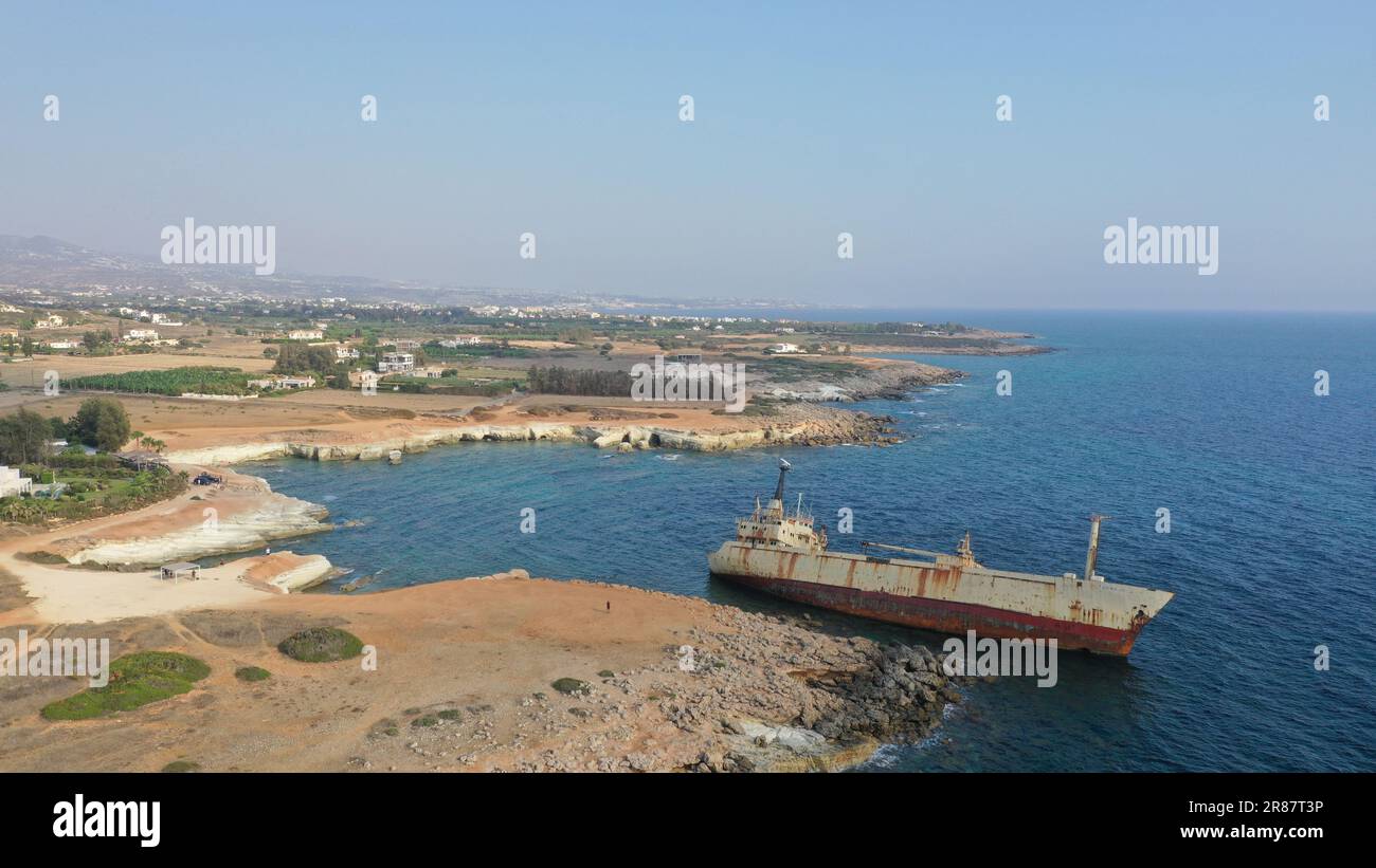 Beautiful aerial view of EDRO III Shipwreck in Paphos Cyprus Stock ...
