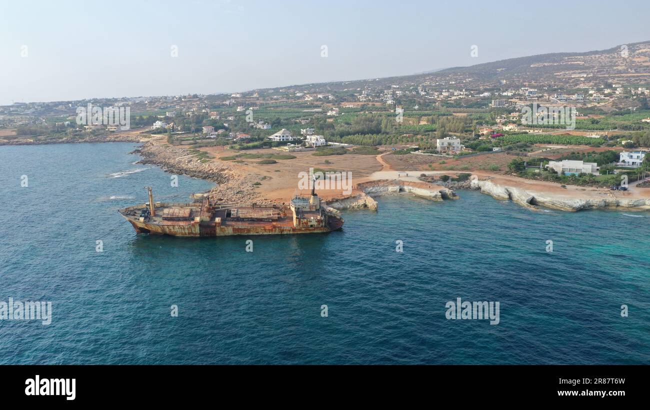 Beautiful aerial view of EDRO III Shipwreck in Paphos Cyprus Stock ...