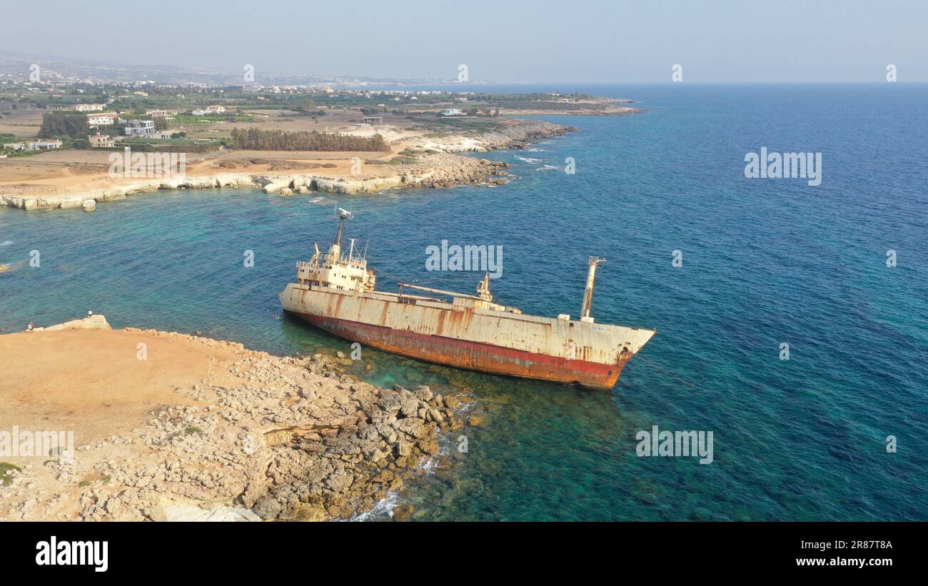 Beautiful aerial view of EDRO III Shipwreck in Paphos Cyprus Stock ...