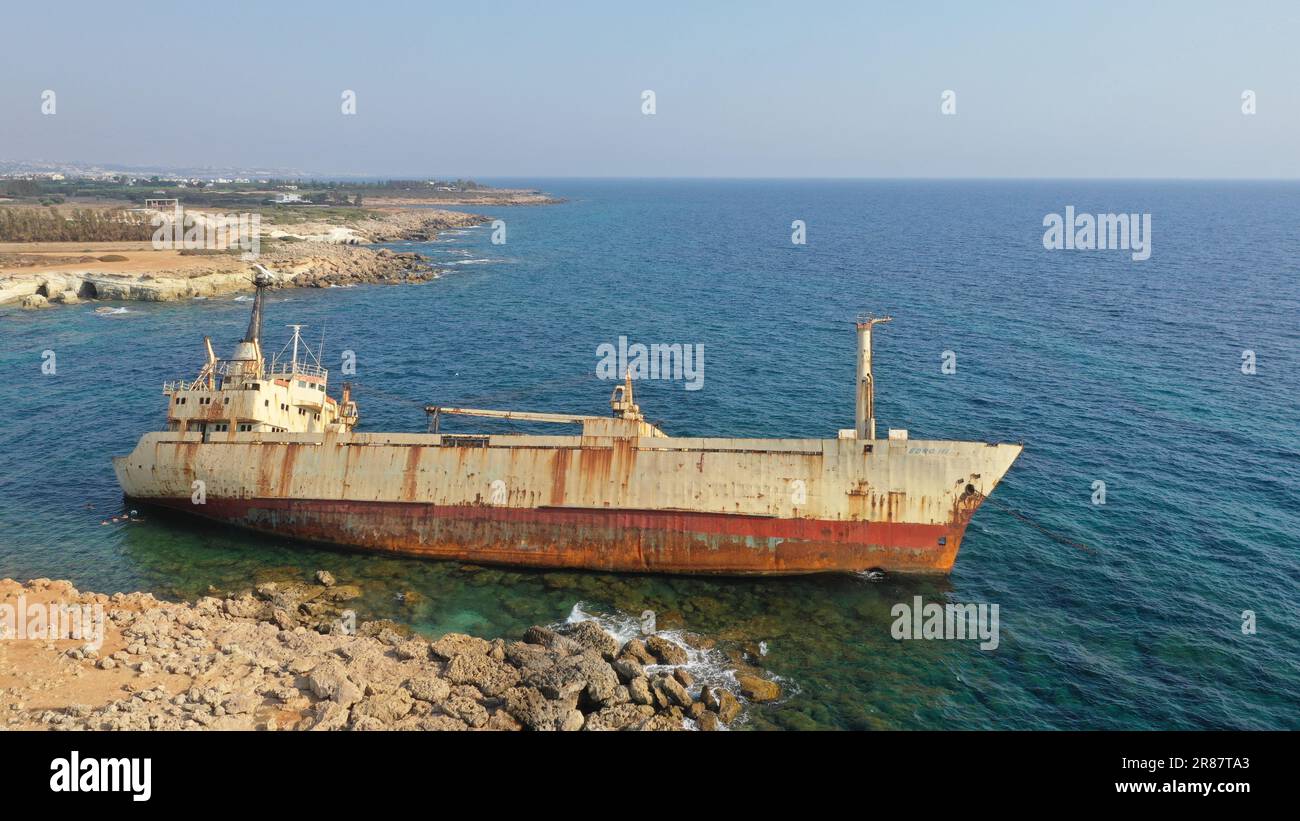 Beautiful aerial view of EDRO III Shipwreck in Paphos Cyprus Stock ...
