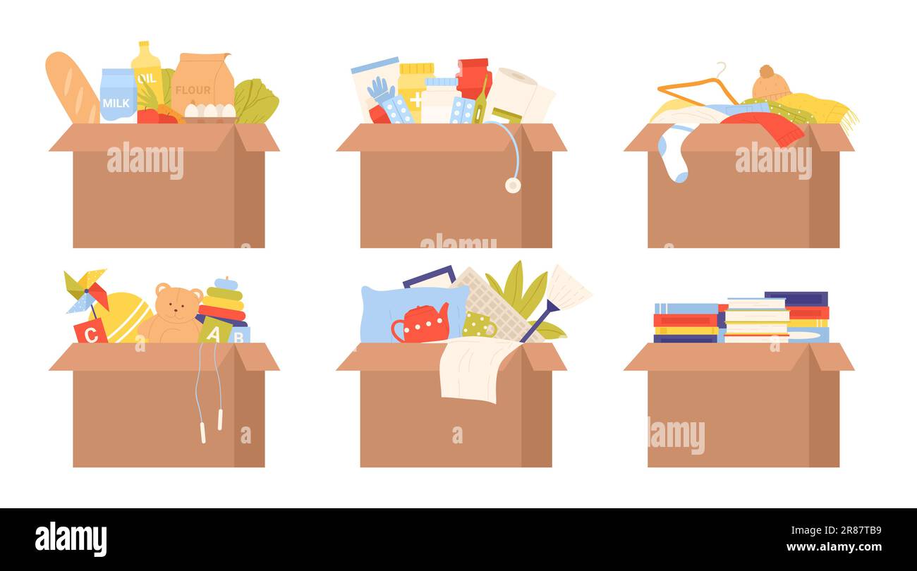 Cardboard boxes set with humanitarian aid vector illustration. Cartoon ...