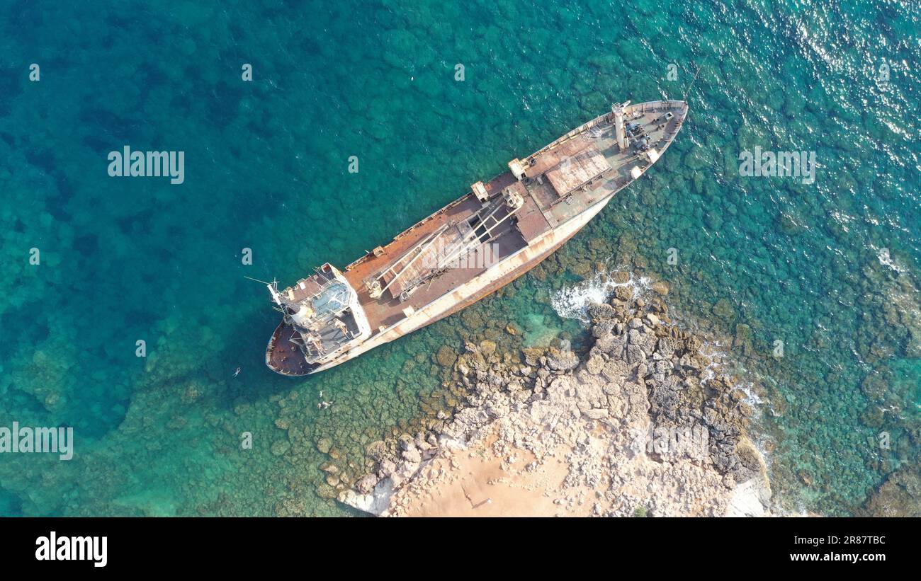 Beautiful aerial view of EDRO III Shipwreck in Paphos Cyprus Stock ...