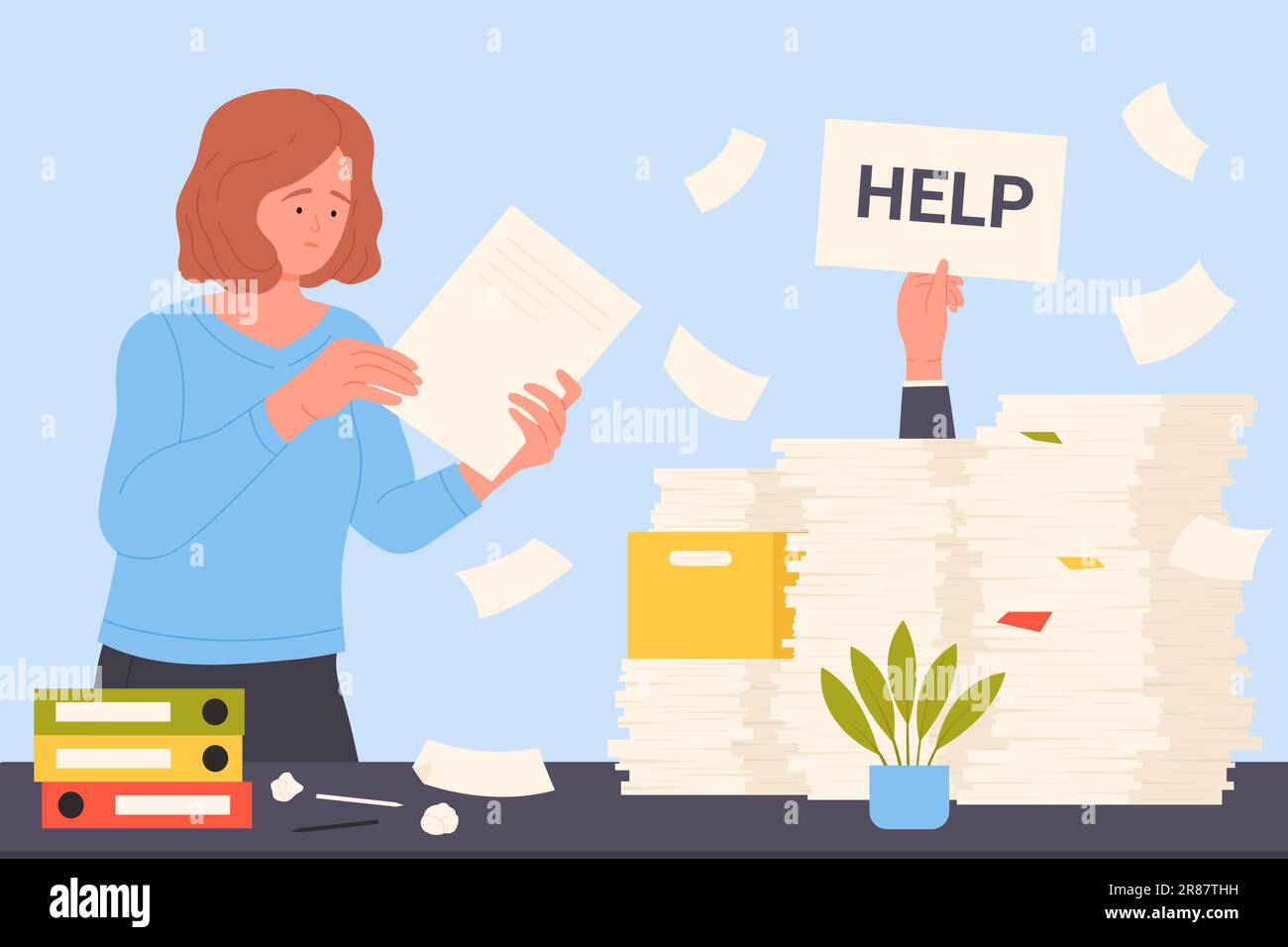 Stress from office bureaucracy vector illustration. Cartoon woman ...