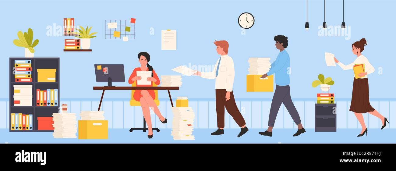 Office bureaucracy vector illustration. Cartoon employees carrying ...