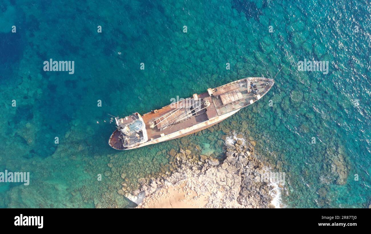 Beautiful aerial view of EDRO III Shipwreck in Paphos Cyprus Stock ...